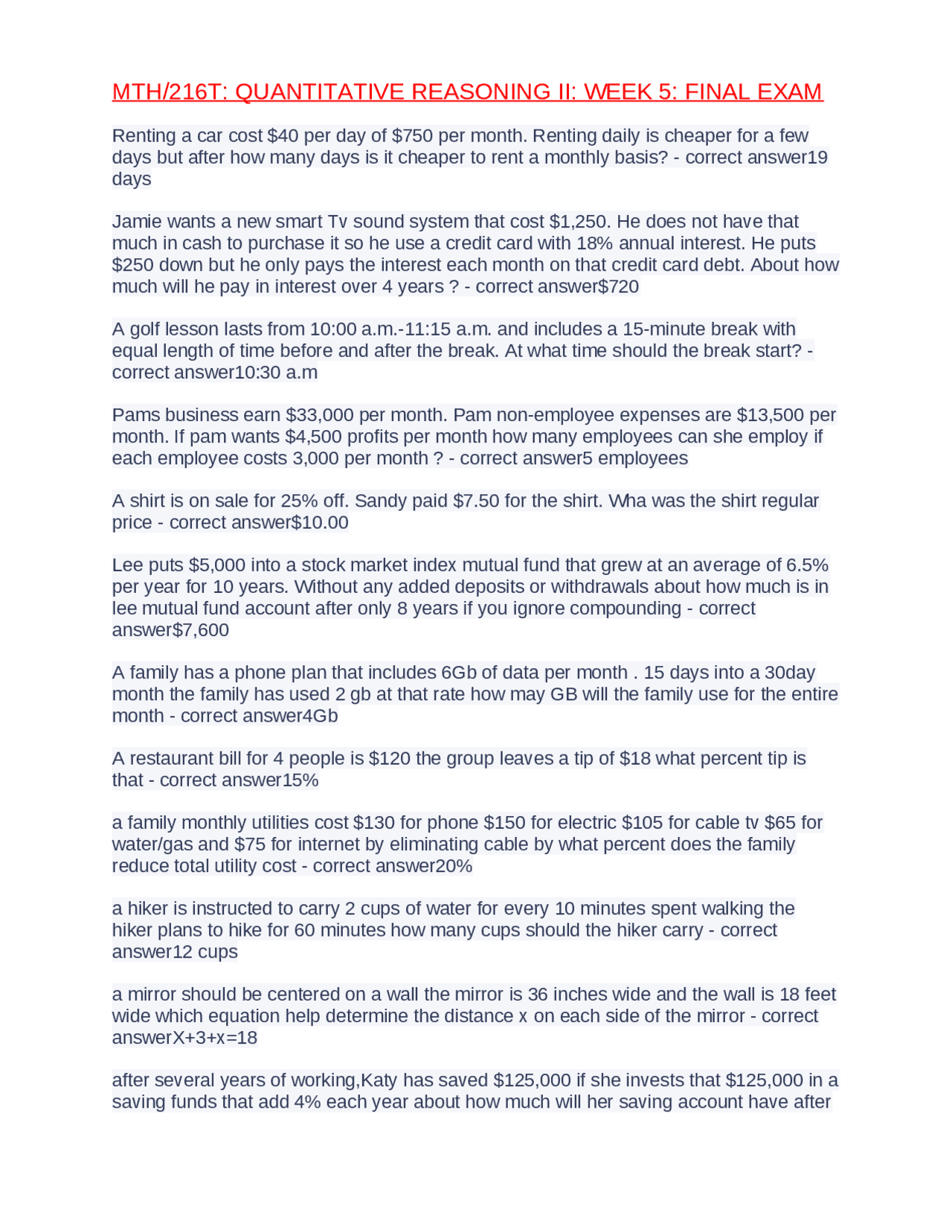 Quantitative Reasoning II Exam Questions | Exams Health sciences | Docsity