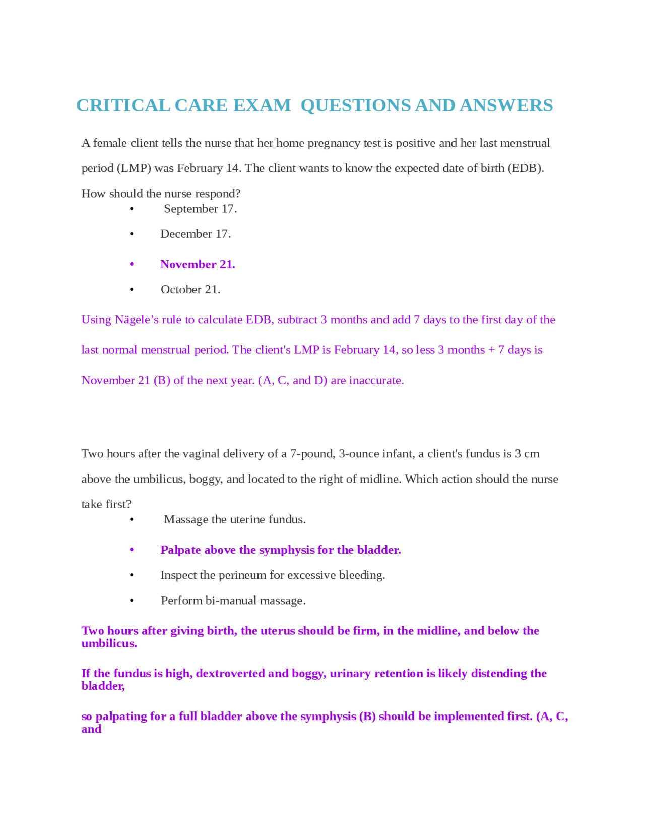 CRITICAL CARE EXAM QUESTIONS AND ANSWERS | Exams Nursing | Docsity