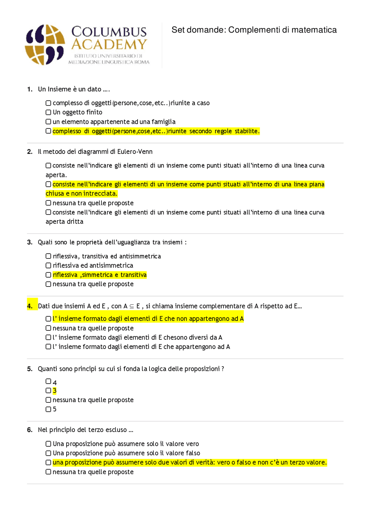 Paniere Completo Columbus Academy Complementi Di Matematica
