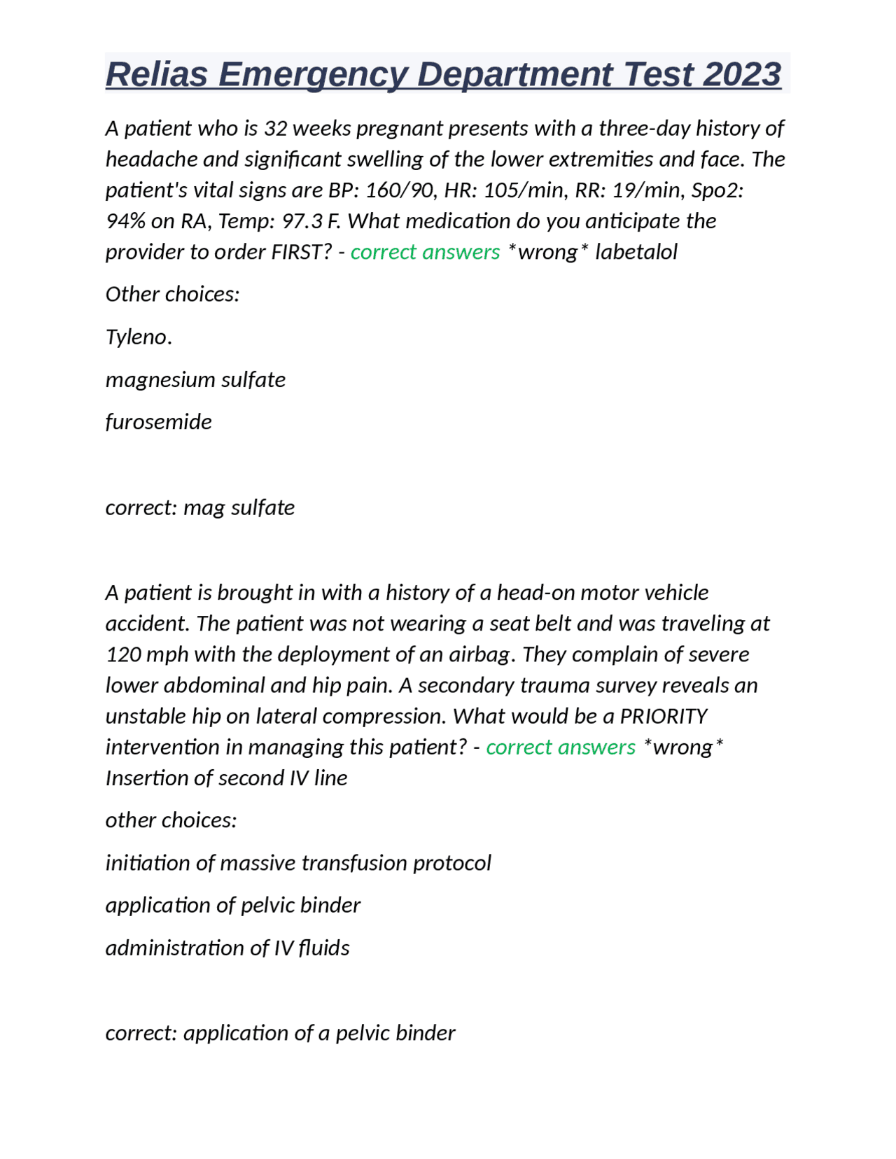Relias Emergency Department Test 2023 | Exams Nursing | Docsity