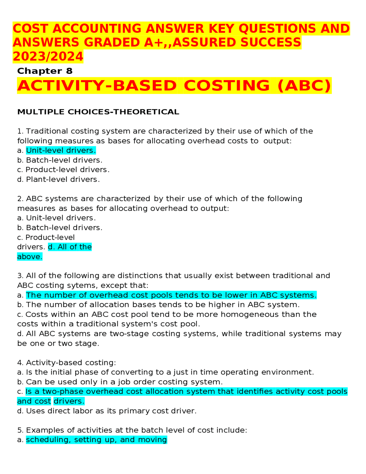 COST ACCOUNTING ANSWER KEY QUESTIONS AND ANSWERS GRADED A+,,ASSURED SUCCESS 2023/2024 | Exams ...