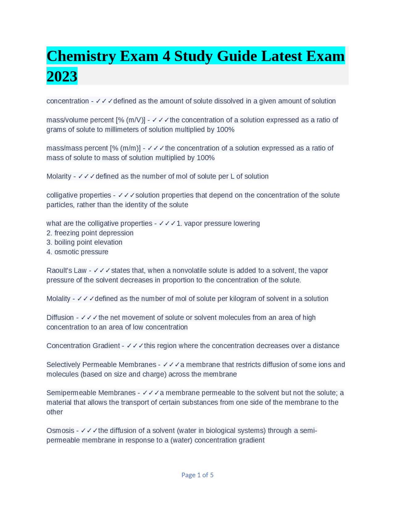 Chemistry Exam 4 Study Guide | Exams Chemistry | Docsity