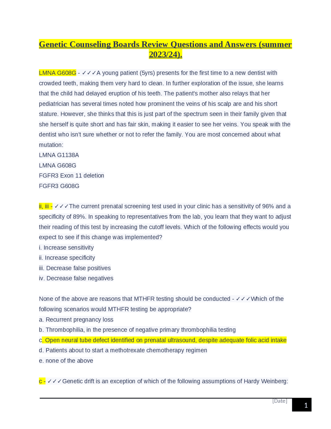 Genetic Counseling Boards Review Questions and Answers (summer 2023/24 ...