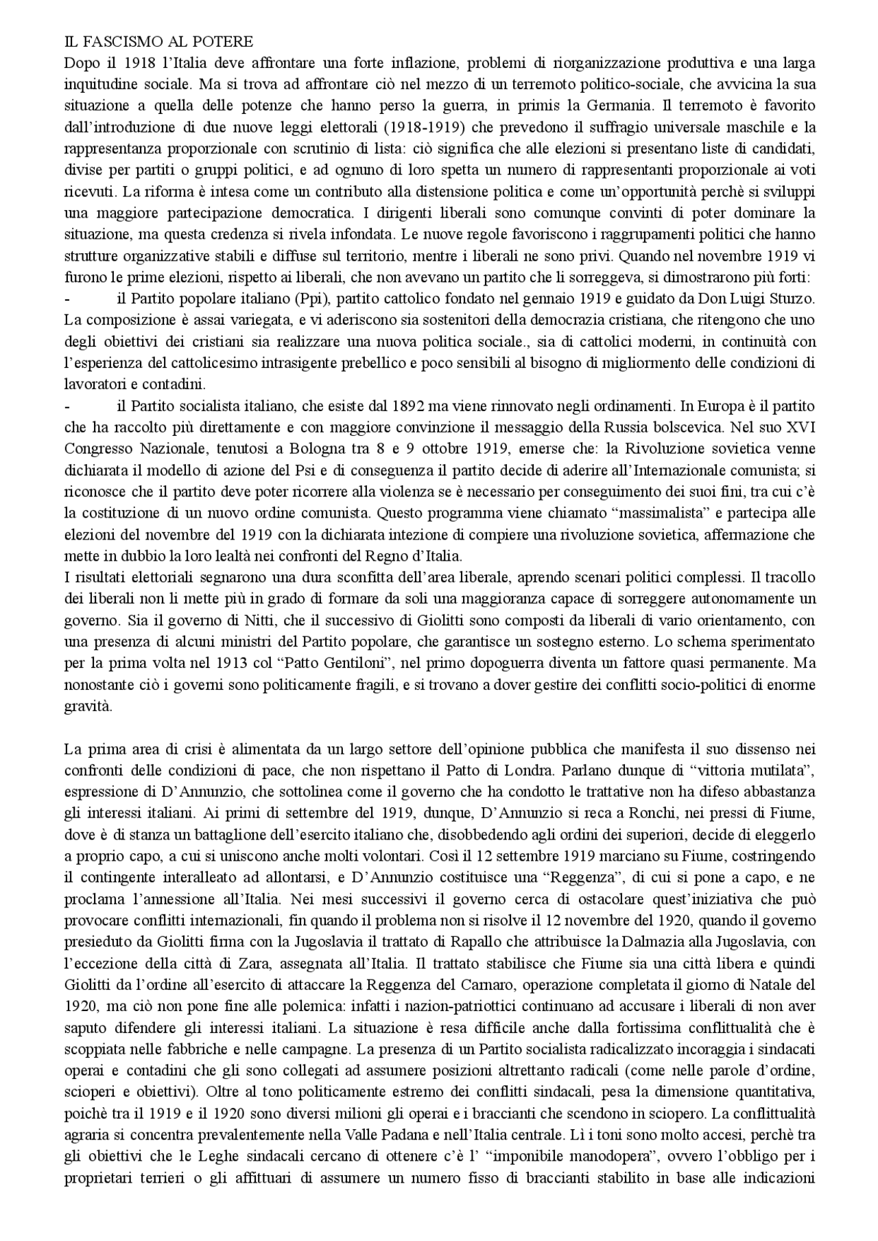Il Fascismo Riassunto Appunti Di Storia Docsity