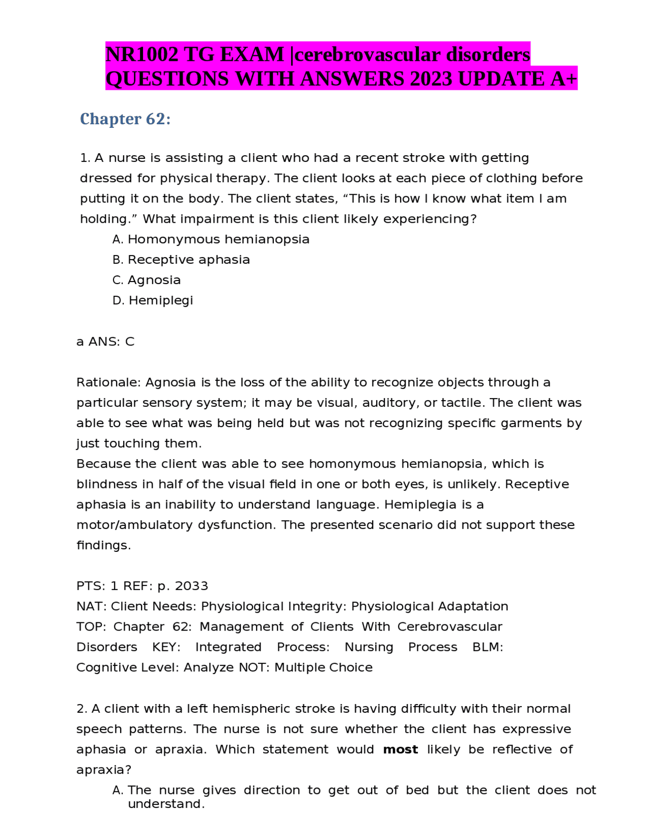 NR1002 TG EXAM |cerebrovascular disorders QUESTIONS WITH ANSWERS 2023 ...