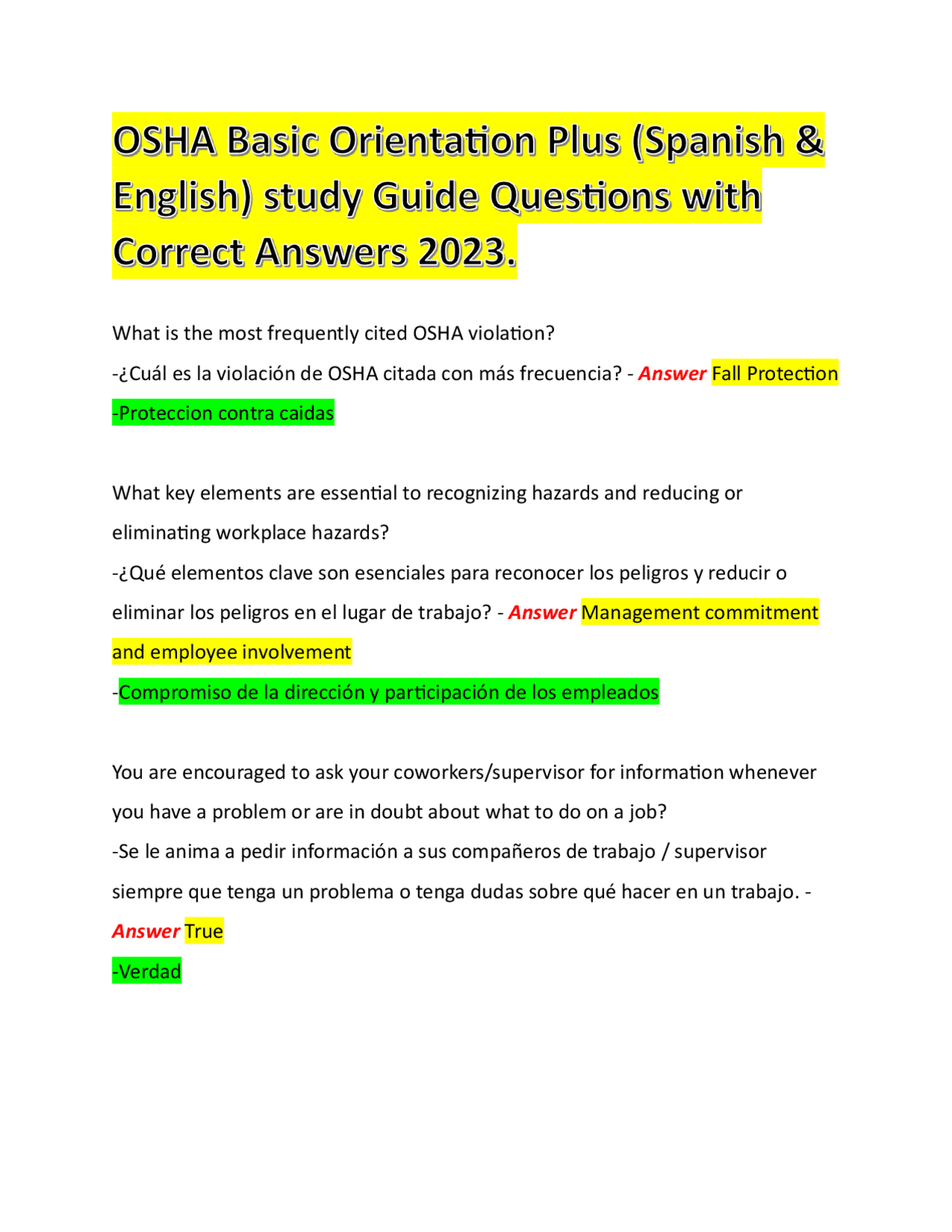 OSHA Basic Orientation Plus (Spanish & English) study Guide Questions ...