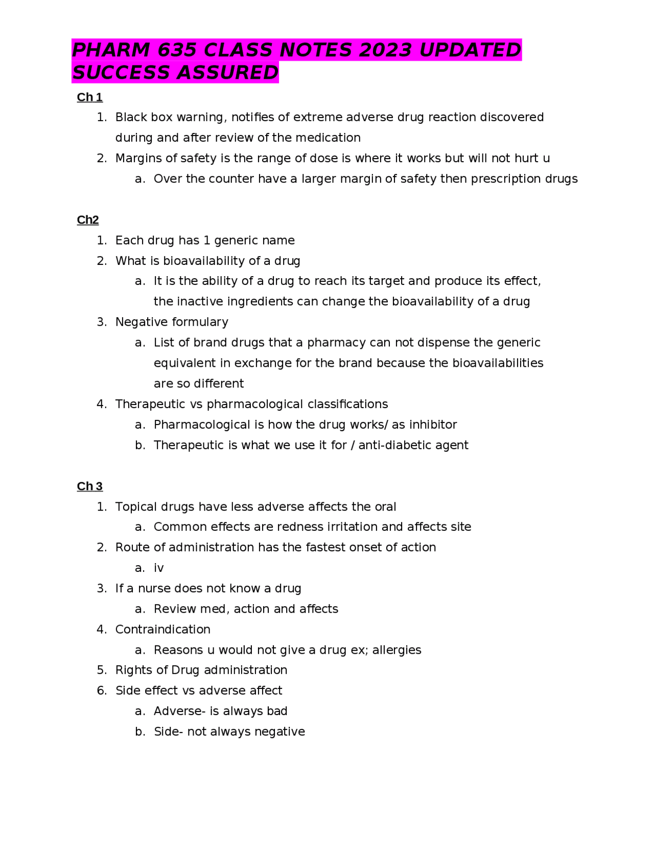 PHARM 635 CLASS NOTES 2023 UPDATED SUCCESS ASSURED | Exams Nursing ...