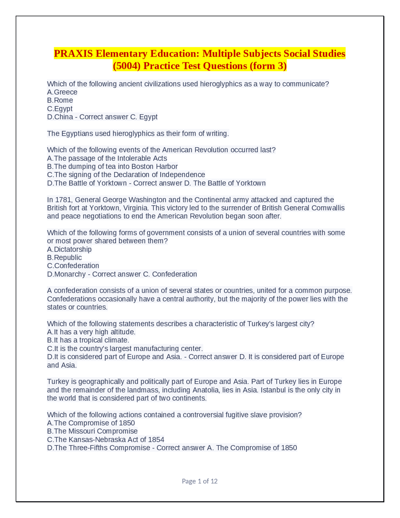 PRAXIS Elementary Education: Multiple Subjects Social Studies (5004 ...