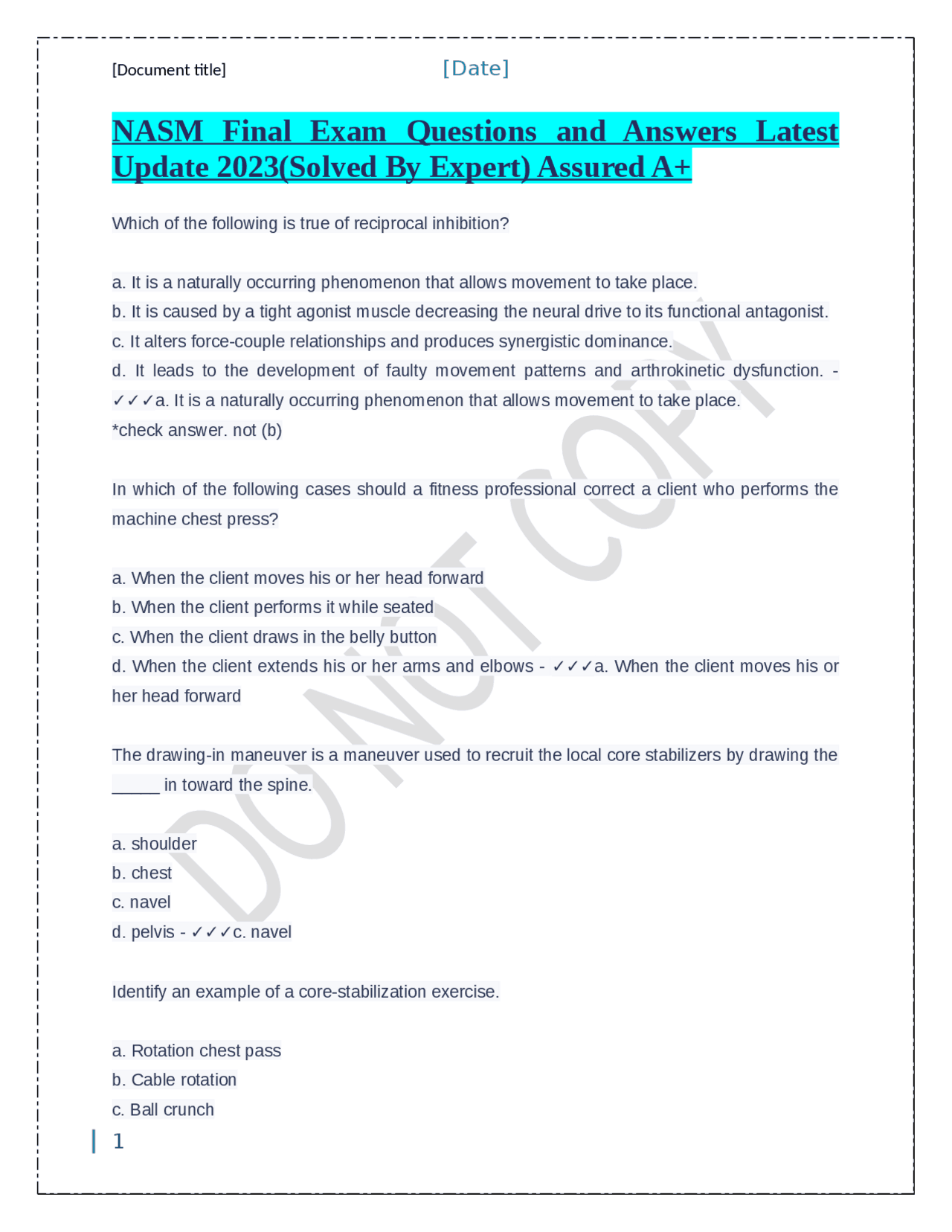 NASM Final Exam Questions and Answers Latest Update 2023(Solved By ...