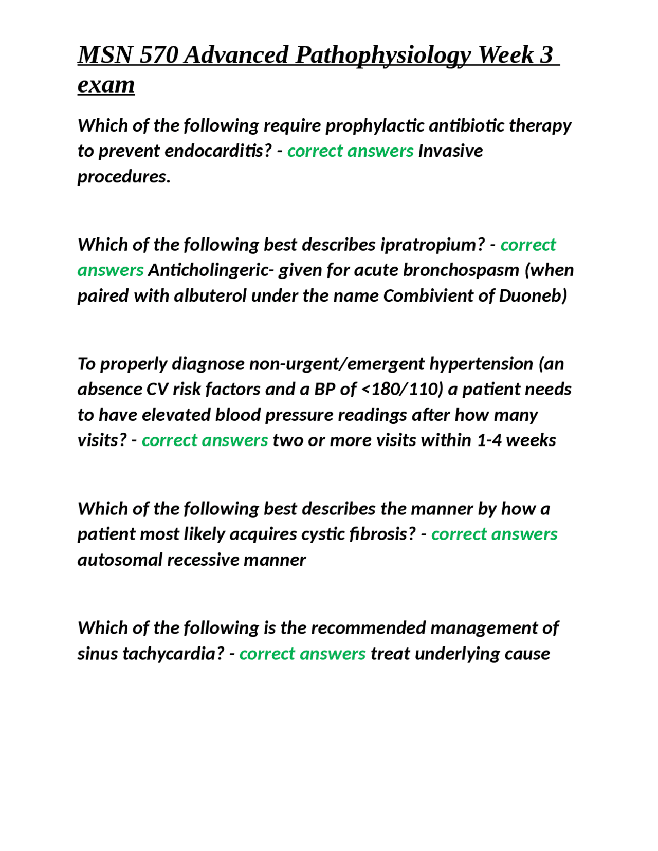 MSN 570 Advanced Pathophysiology Week 3 exam | Exams Nursing | Docsity