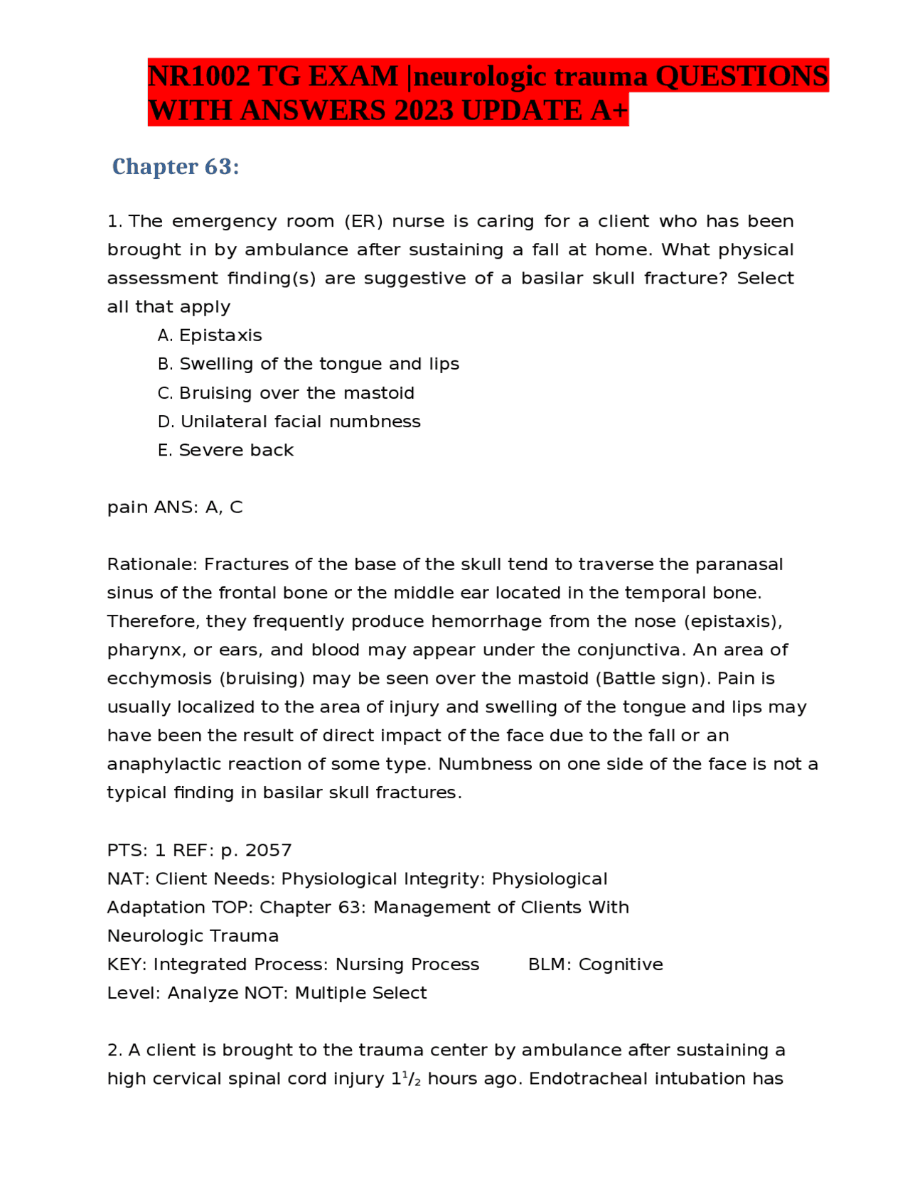 Neurologic Trauma Exam Questions and Answers | Exams Nursing | Docsity