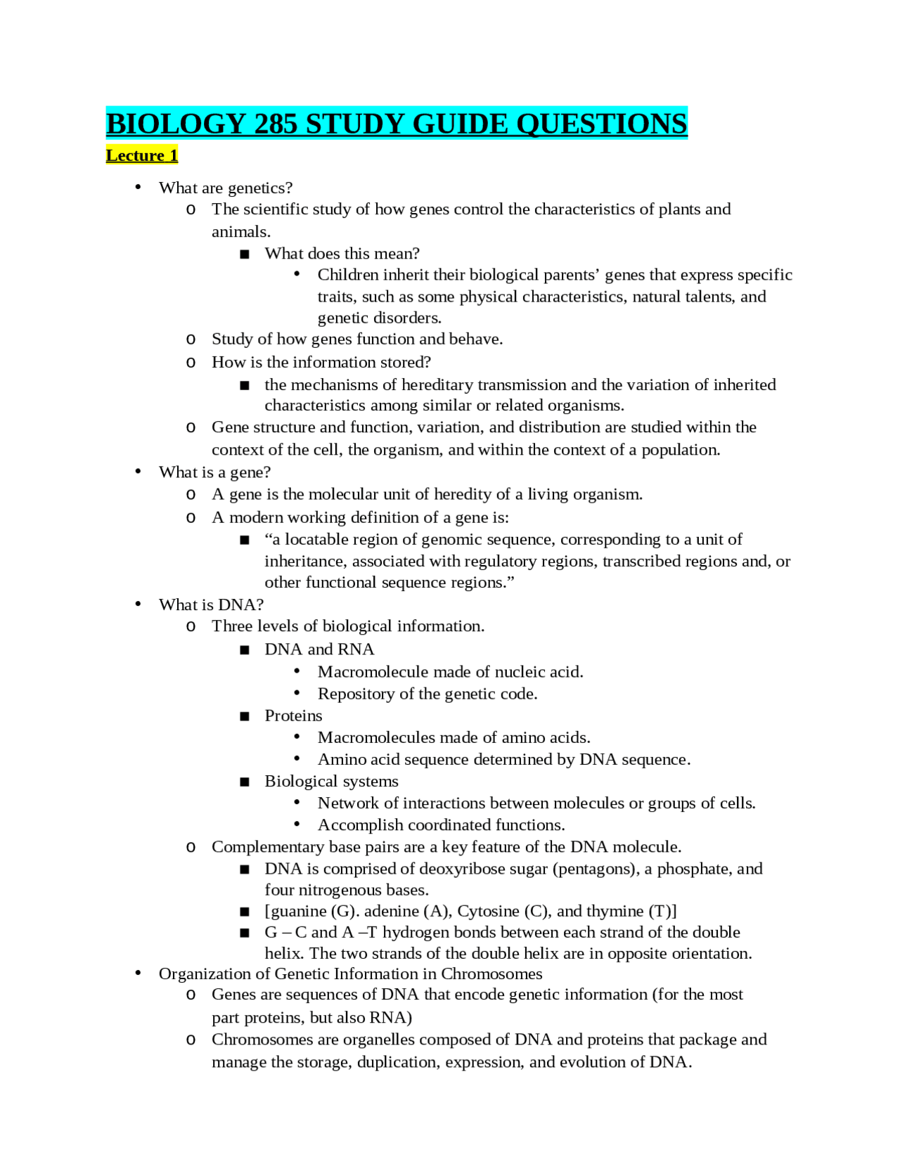 BIOLOGY 285 STUDY GUIDE QUESTIONS | Exams Biology | Docsity