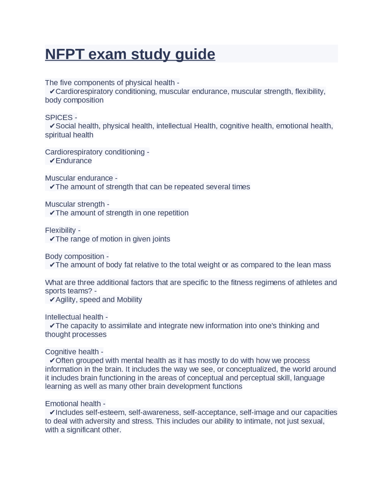 NFPT Exam Study Guide | Exams Nursing | Docsity