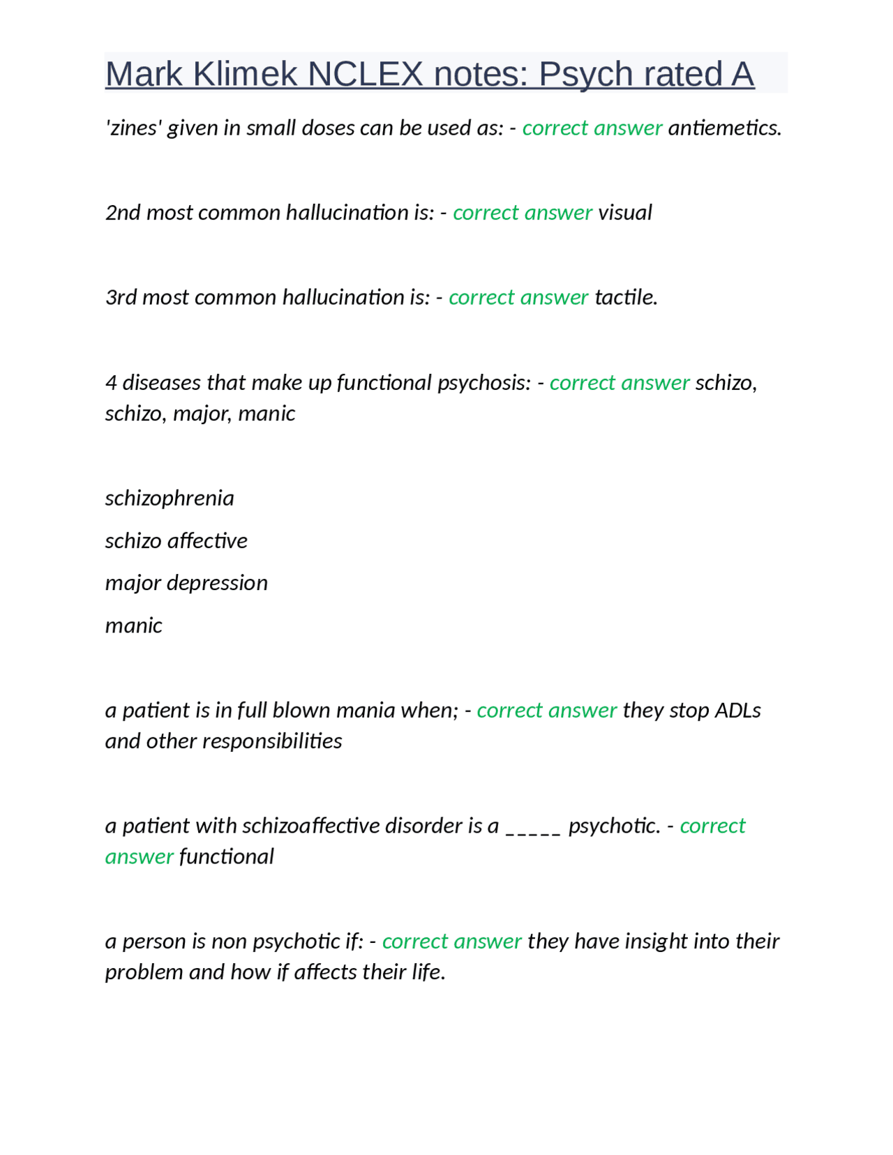 Mark Klimek NCLEX notes: Psych rated A | Exams Nursing | Docsity