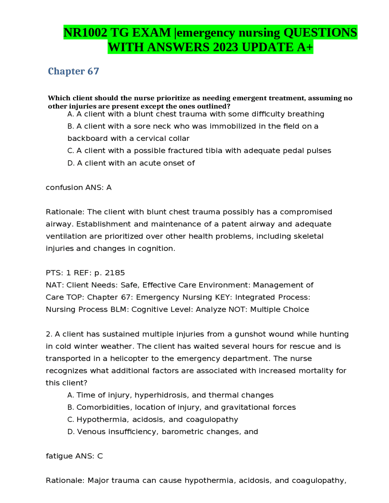 NR1002 TG EXAM |emergency nursing QUESTIONS WITH ANSWERS 2023 UPDATE A+ ...