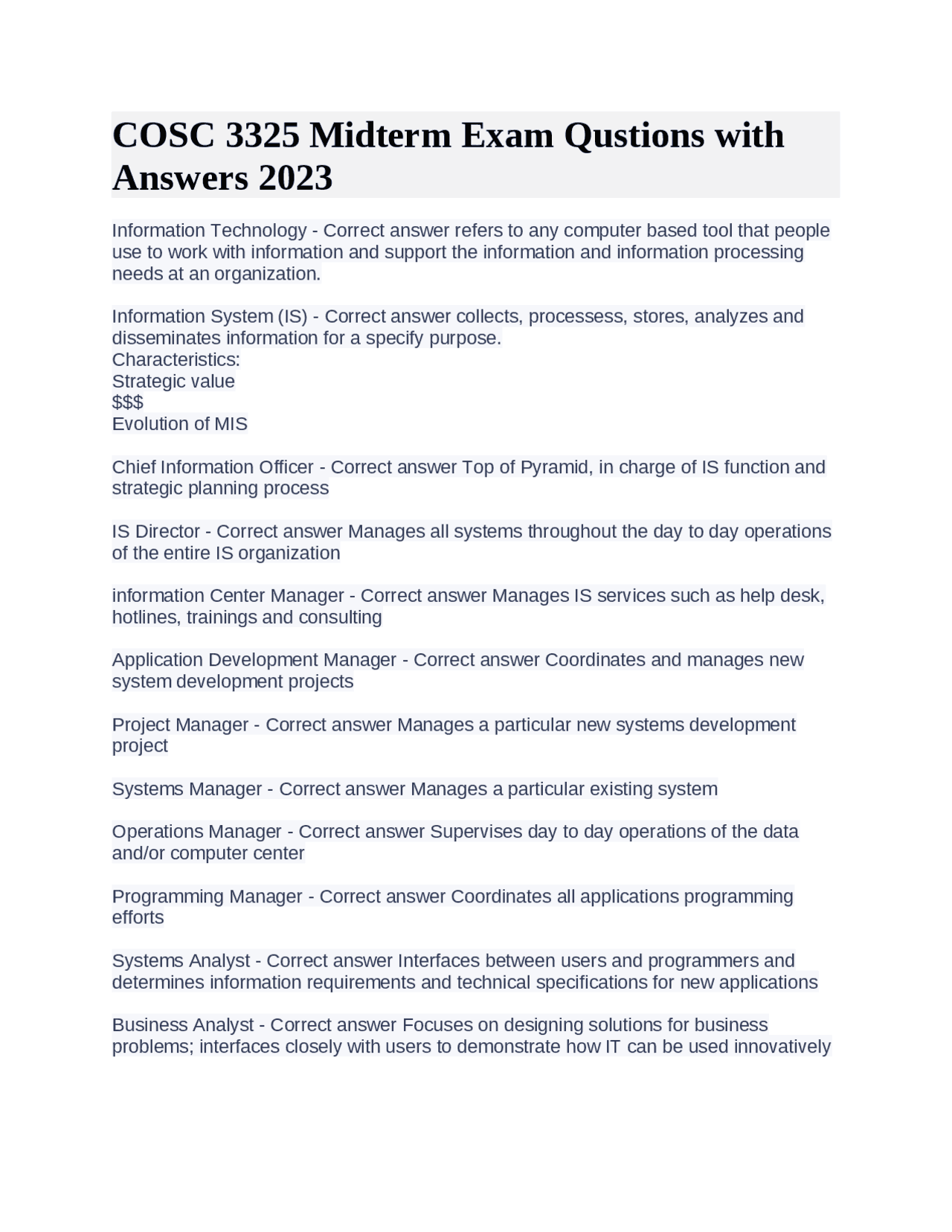 Cosc 3325 Midterm Exam Qustions With Answers 2023 Exams Information