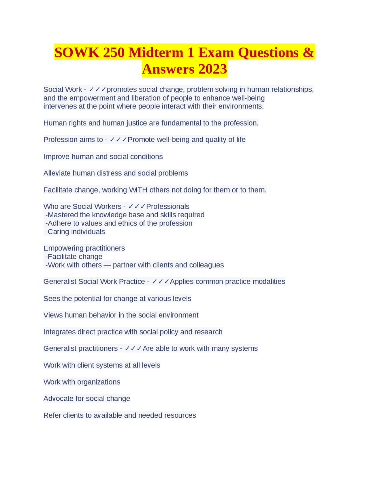 SOWK 250 Midterm 1 Exam Questions & Answers 2023 Social Work | Exams ...