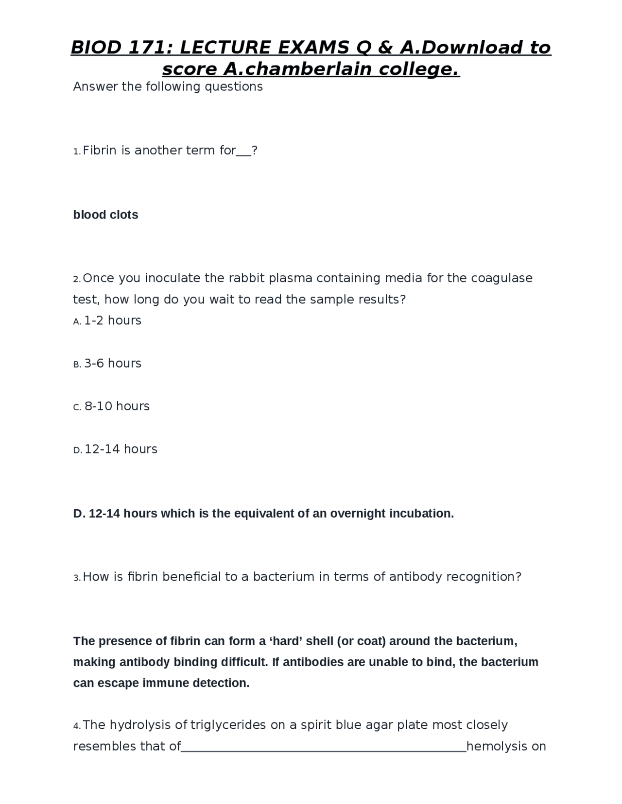 BIOD 171: LECTURE EXAMS Q & A.Download to score A.chamberlain college ...