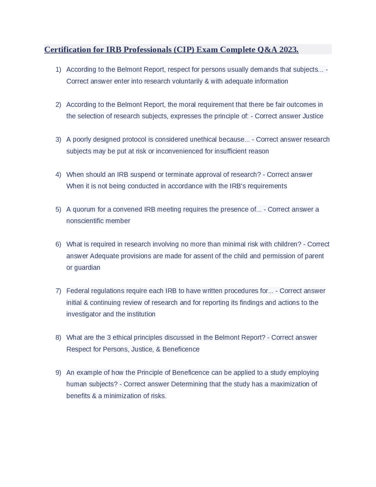 Certification for IRB Professionals (CIP) Exam Complete Q&A 2023 ...