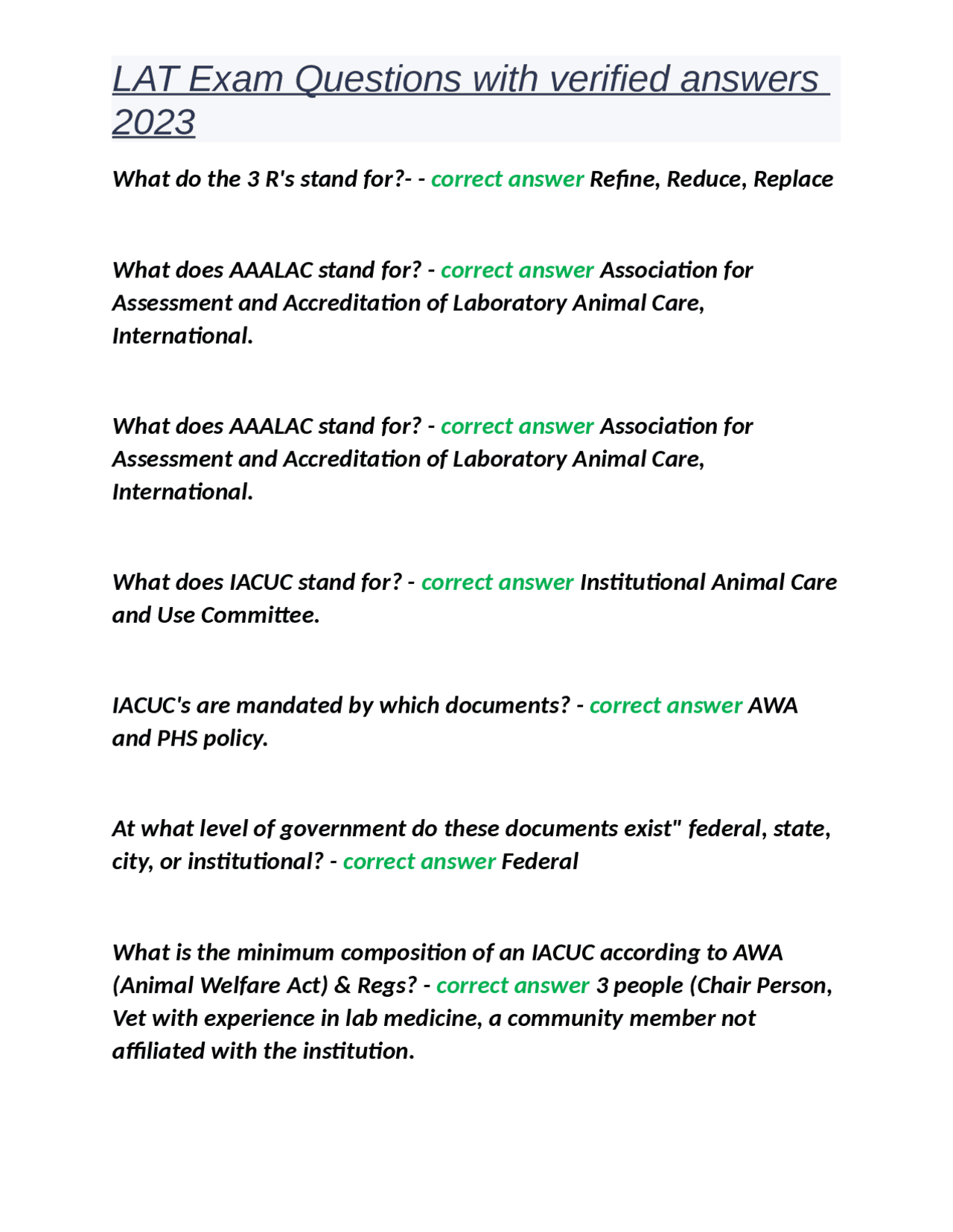 LAT Exam Questions with verified answers 2023 | Exams Nursing | Docsity