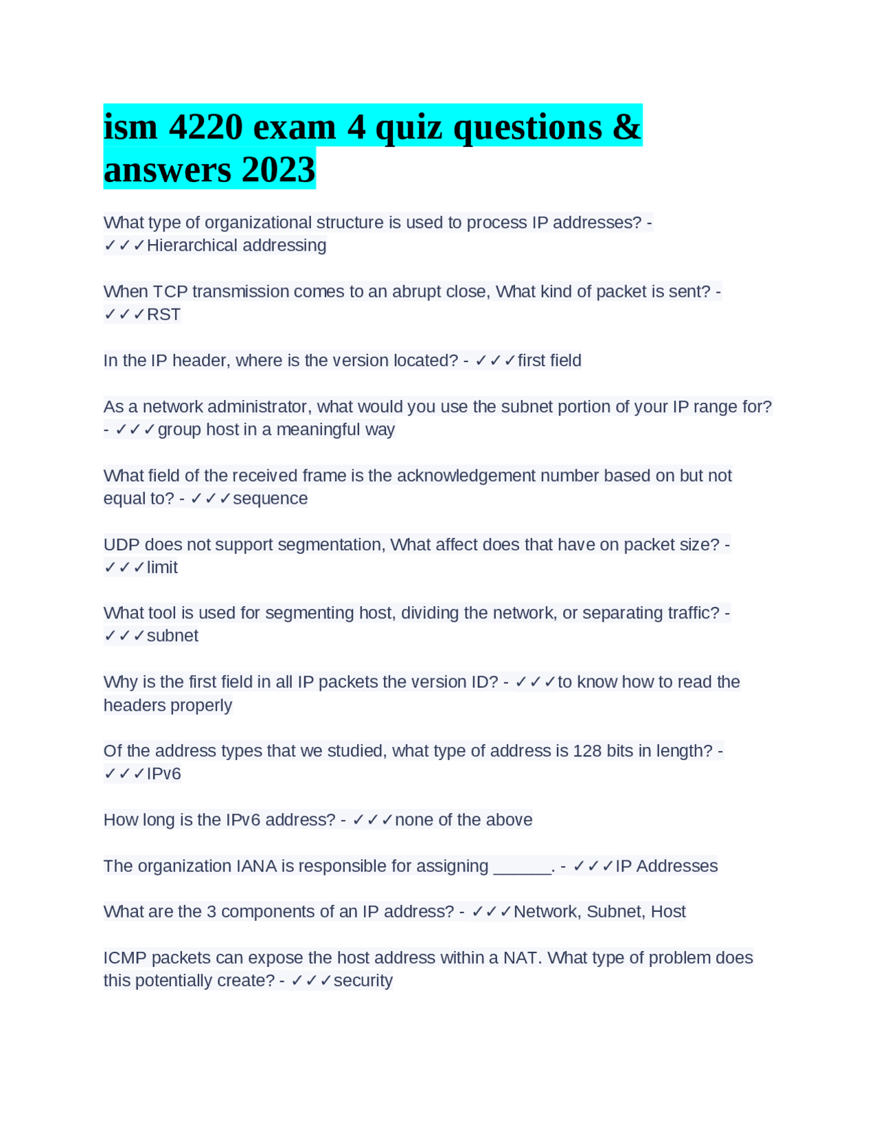 Ism 4220 Exam 4 Quiz Questions And Answers 2023 Exams Sociology Docsity