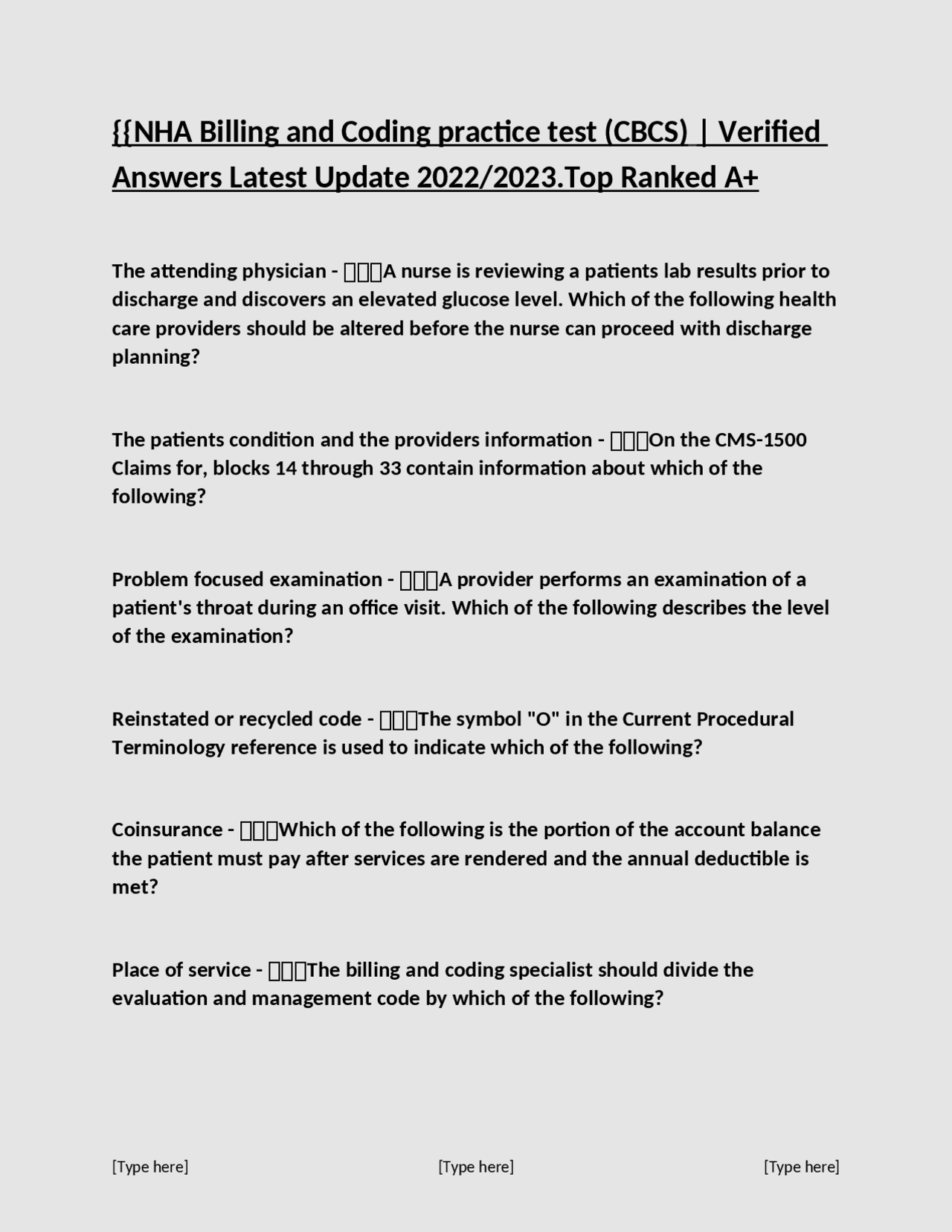 {{NHA Billing and Coding practice test (CBCS) | Verified Answers Latest ...