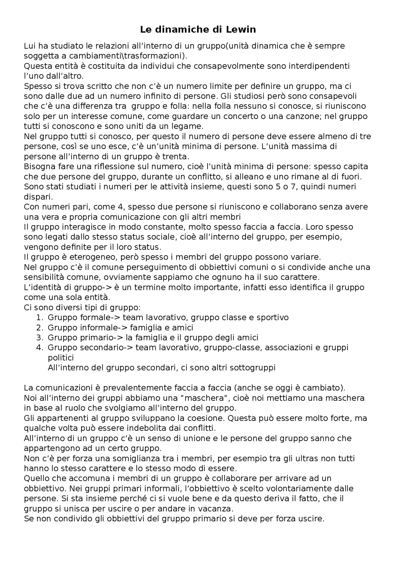 Lewin E Le Dinamiche Di Gruppo Appunti Di Scienze Umane Docsity