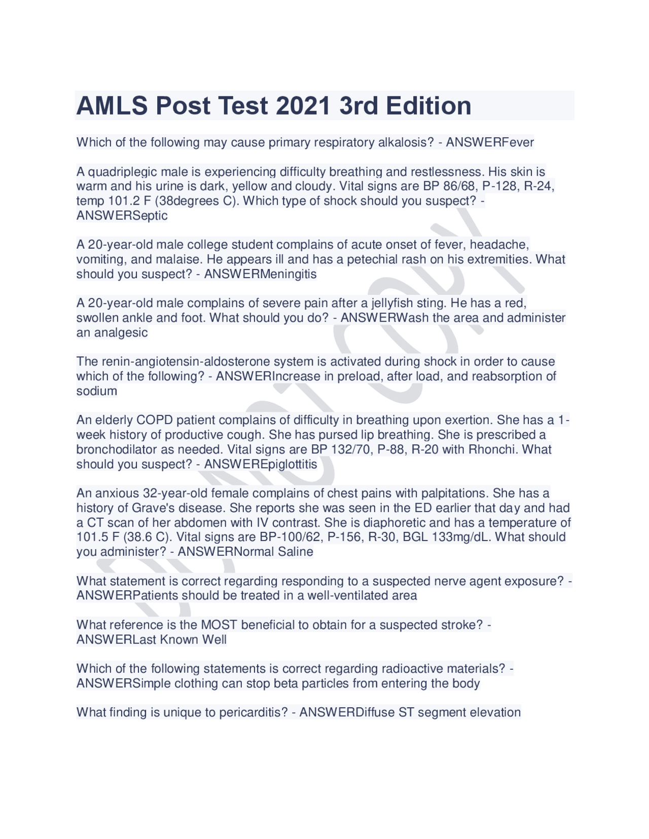 AMLS Post Test 2021 3rd Edition | Exams Nursing | Docsity