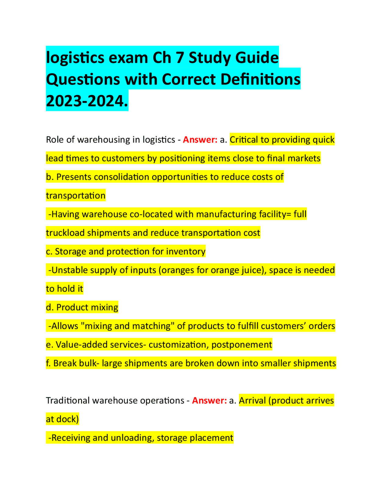 Logistics exam Ch 7 Study Guide Questions with Correct Definitions 2023 ...