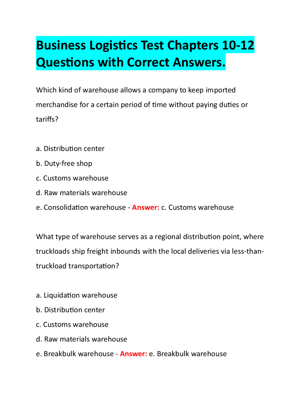 Business Logistics Test Chapters 10-12 Questions with Correct Answers ...