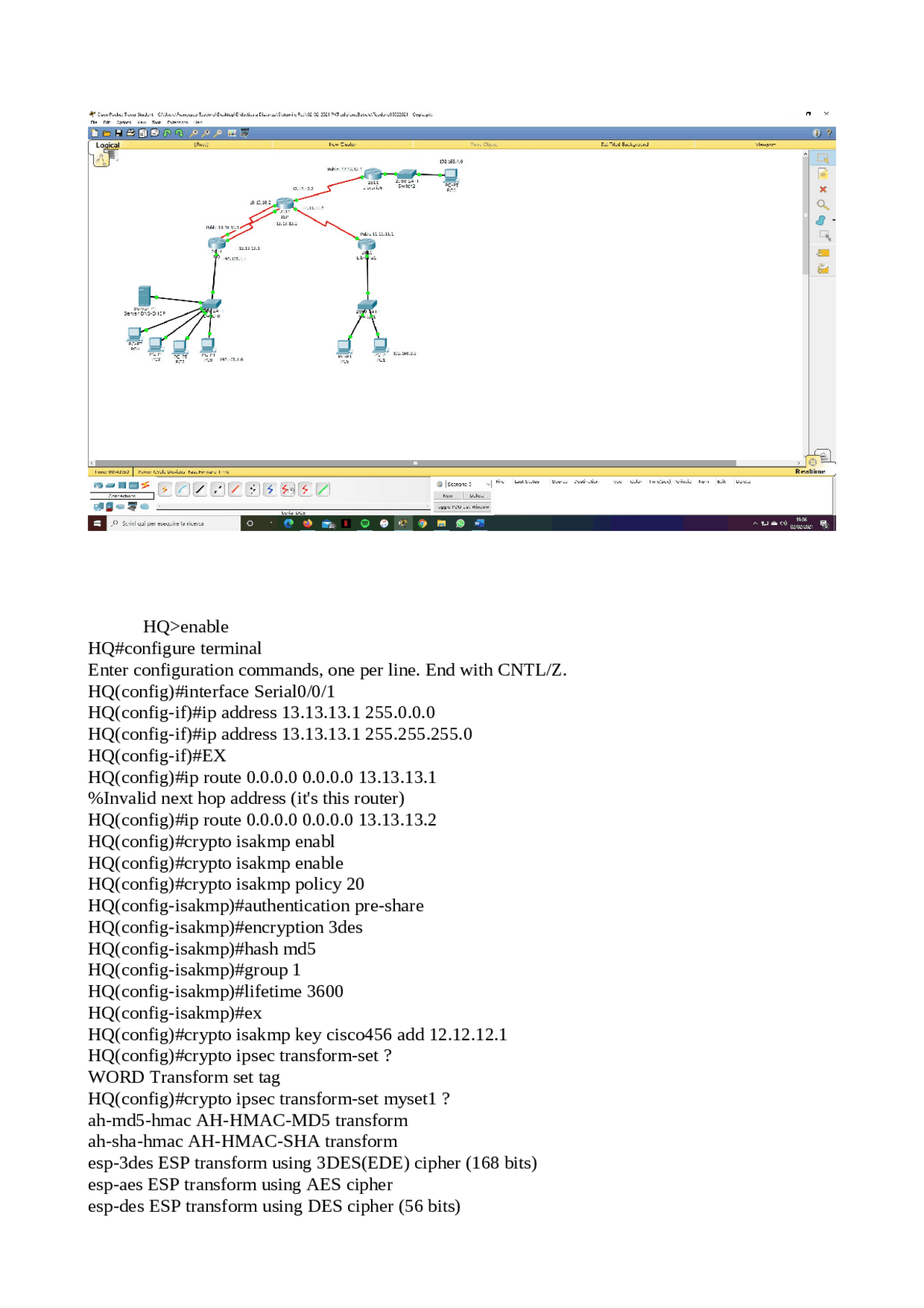 Esercizio di sistemi e reti svolto con cisco packet tracer | Esercizi di Sistemi di reti | Docsity