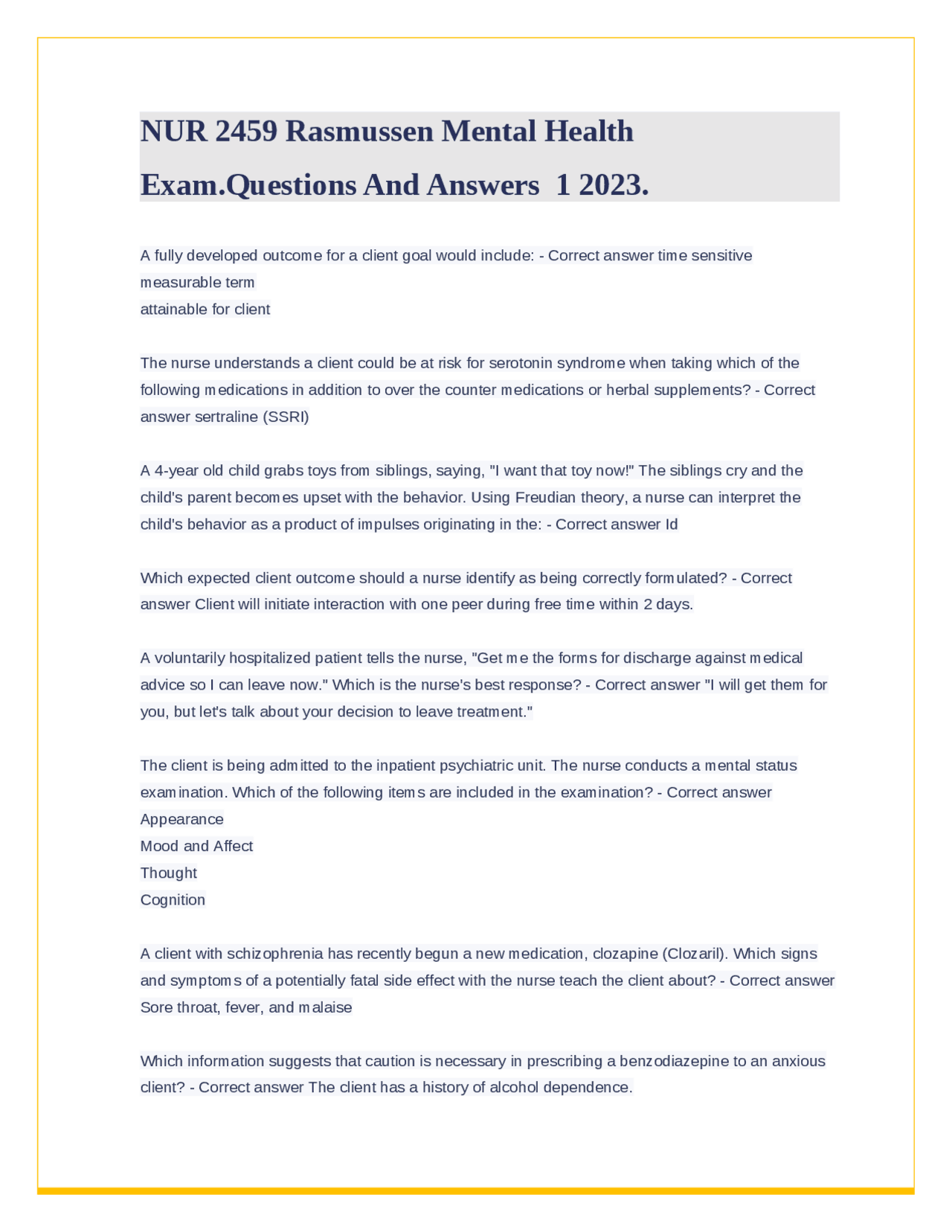 Nur 2459 Rasmussen Mental Health Examquestions And Answers 1 2023