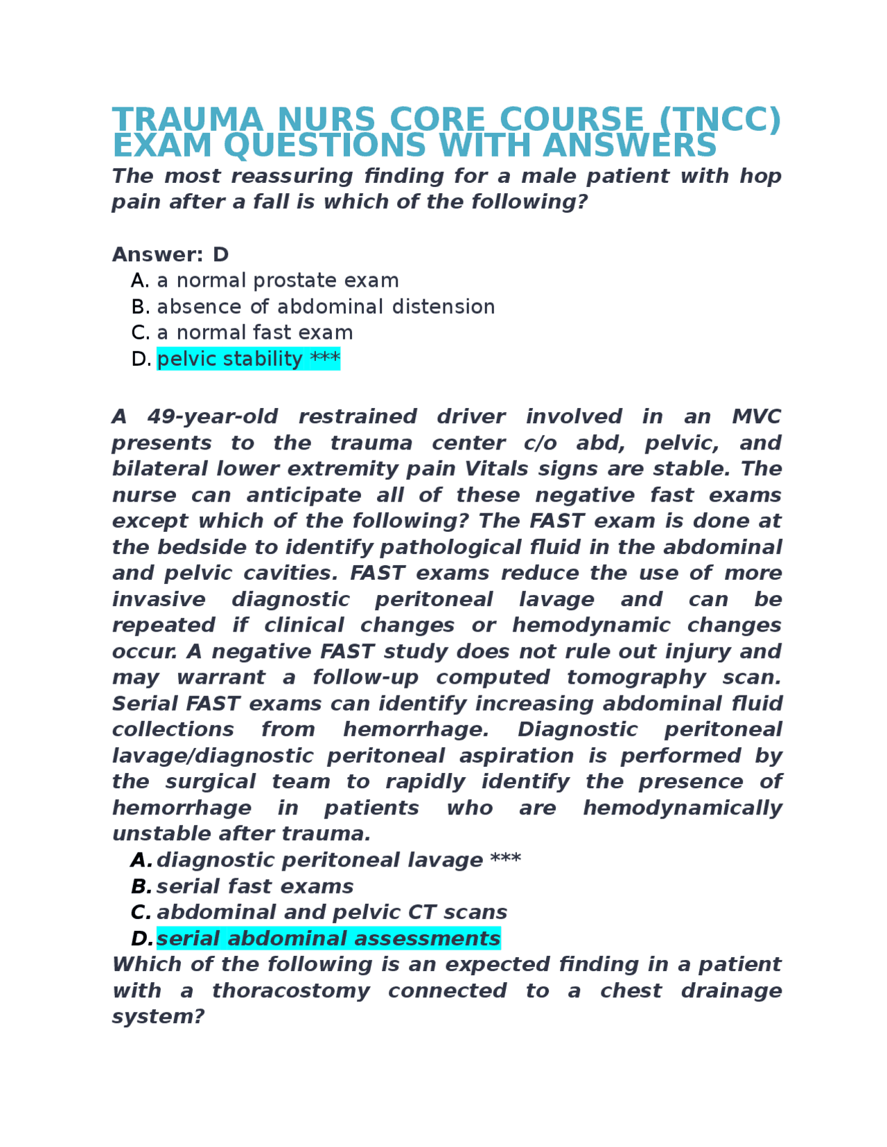 TRAUMA NURS CORE COURSE (TNCC) EXAM QUESTIONS WITH ANSWERS | Exams Nursing | Docsity