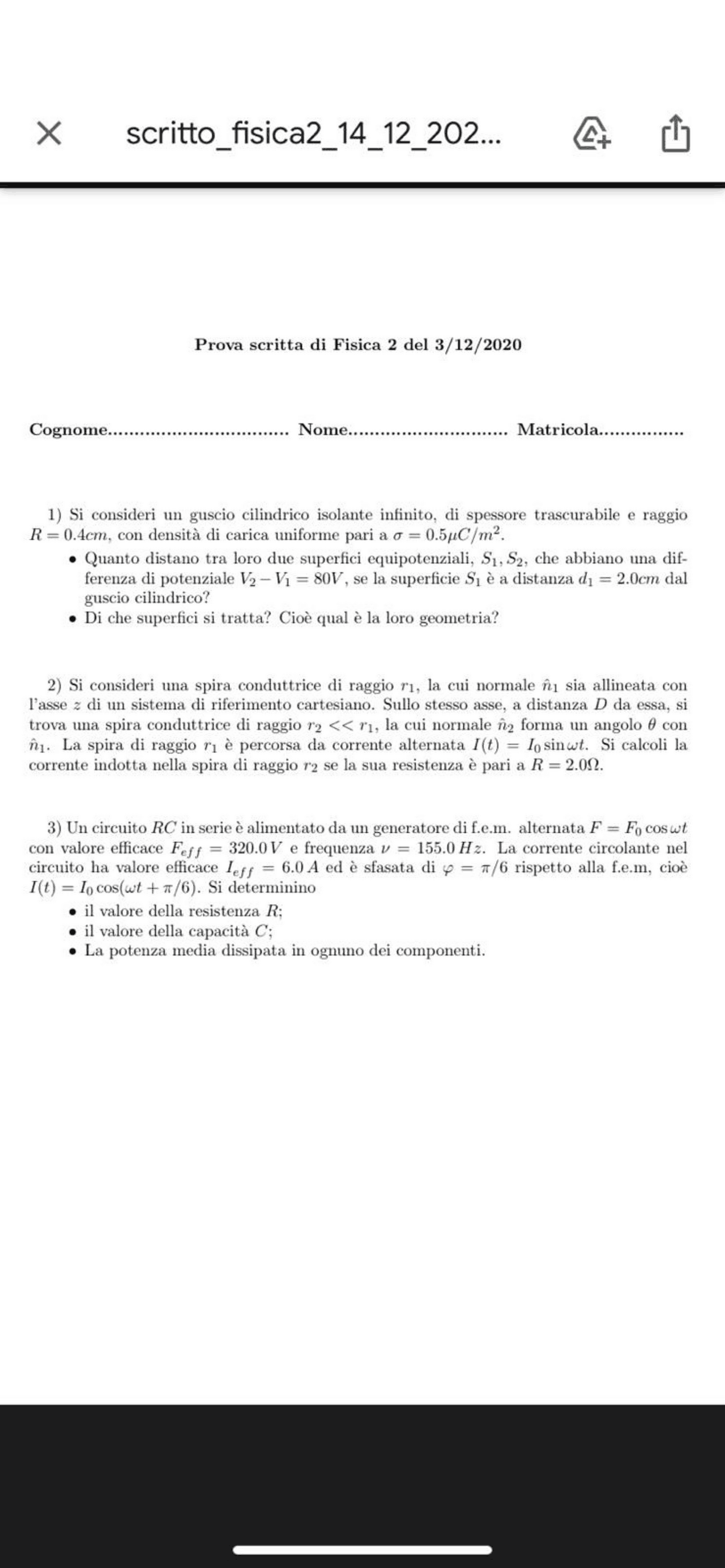 Prove Desame Non Svolte Di Fisica Ii Prove Desame Di Fisica Docsity