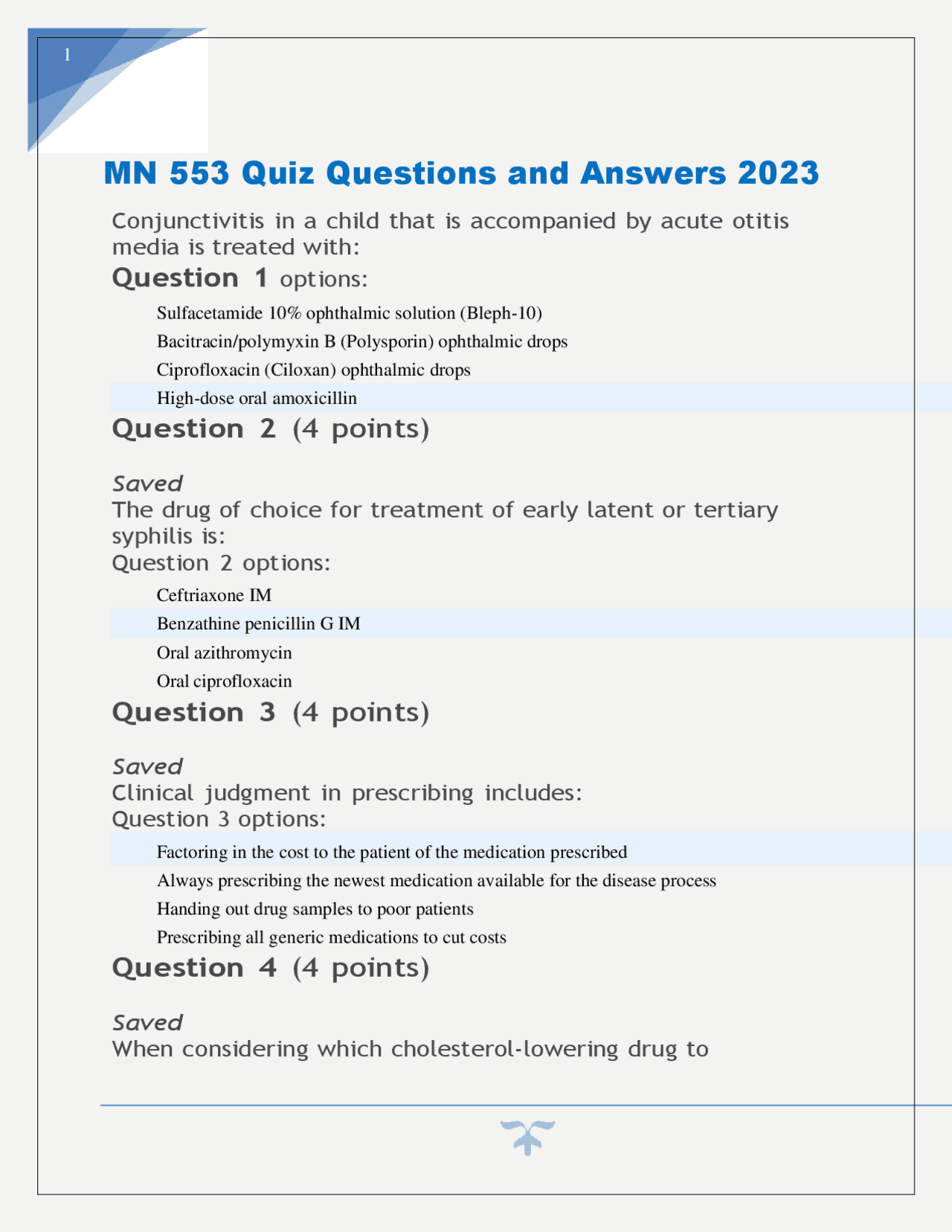 MN 553 Quiz Questions and Answers 2023 | Exams Nursing | Docsity