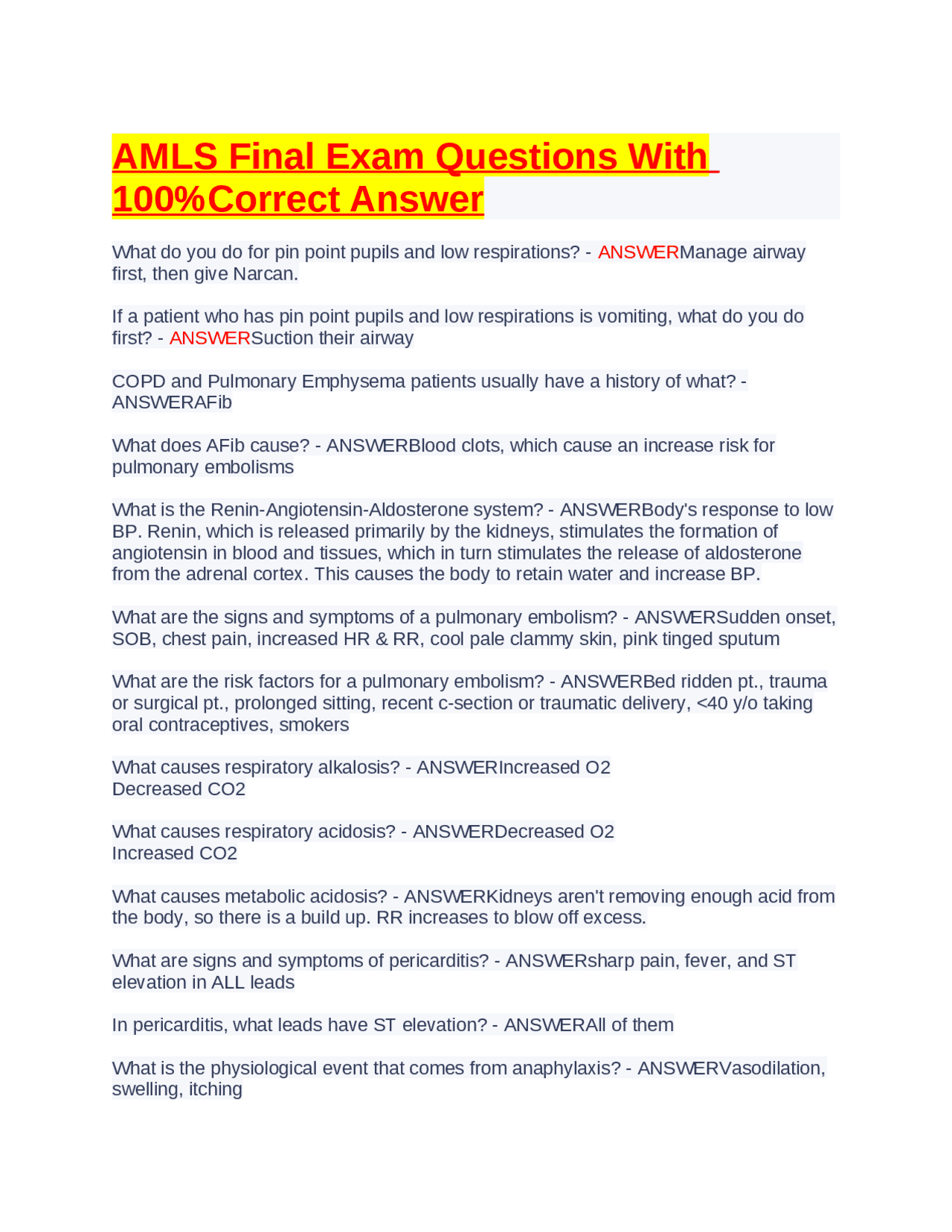 AMLS Final Exam Questions With 100%Correct Answer | Exams Nursing | Docsity
