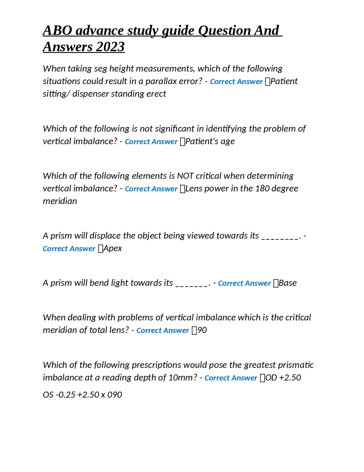 ABO advance study guide Question And Answers 2023 | Exams Nursing | Docsity