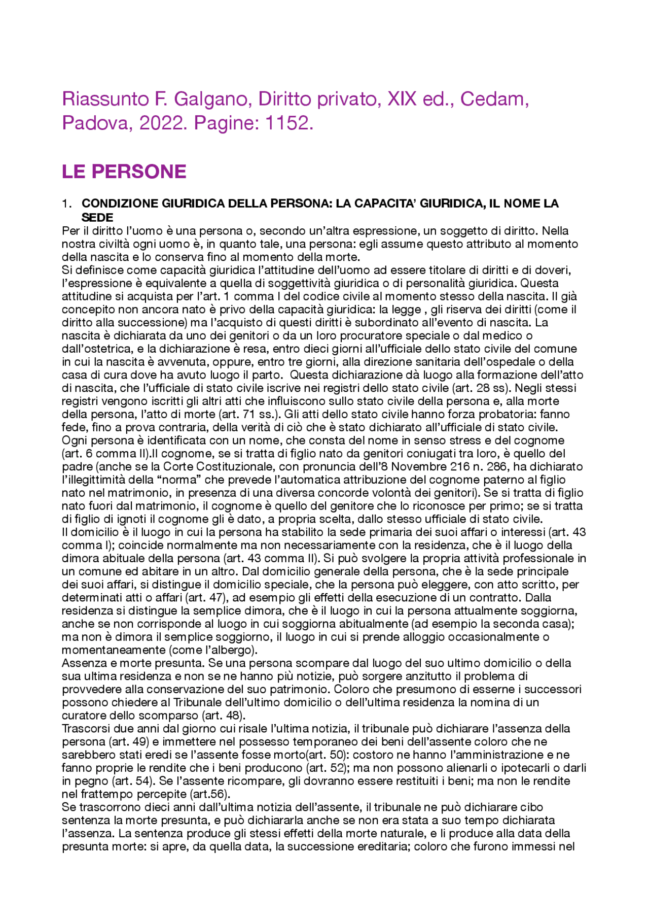 Riassunto F Galgano Diritto Privato Xix Ed Cedam Padova 2022