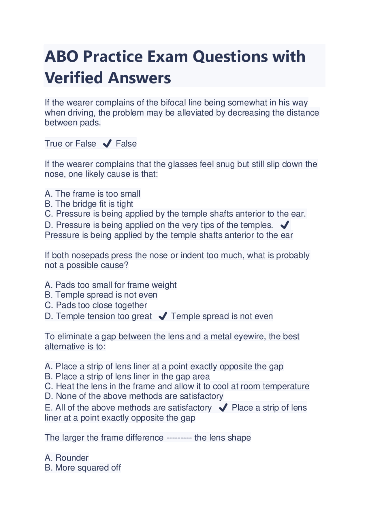 ABO Practice Exam Questions with Verified Answers | Latest 2023/2024 ...