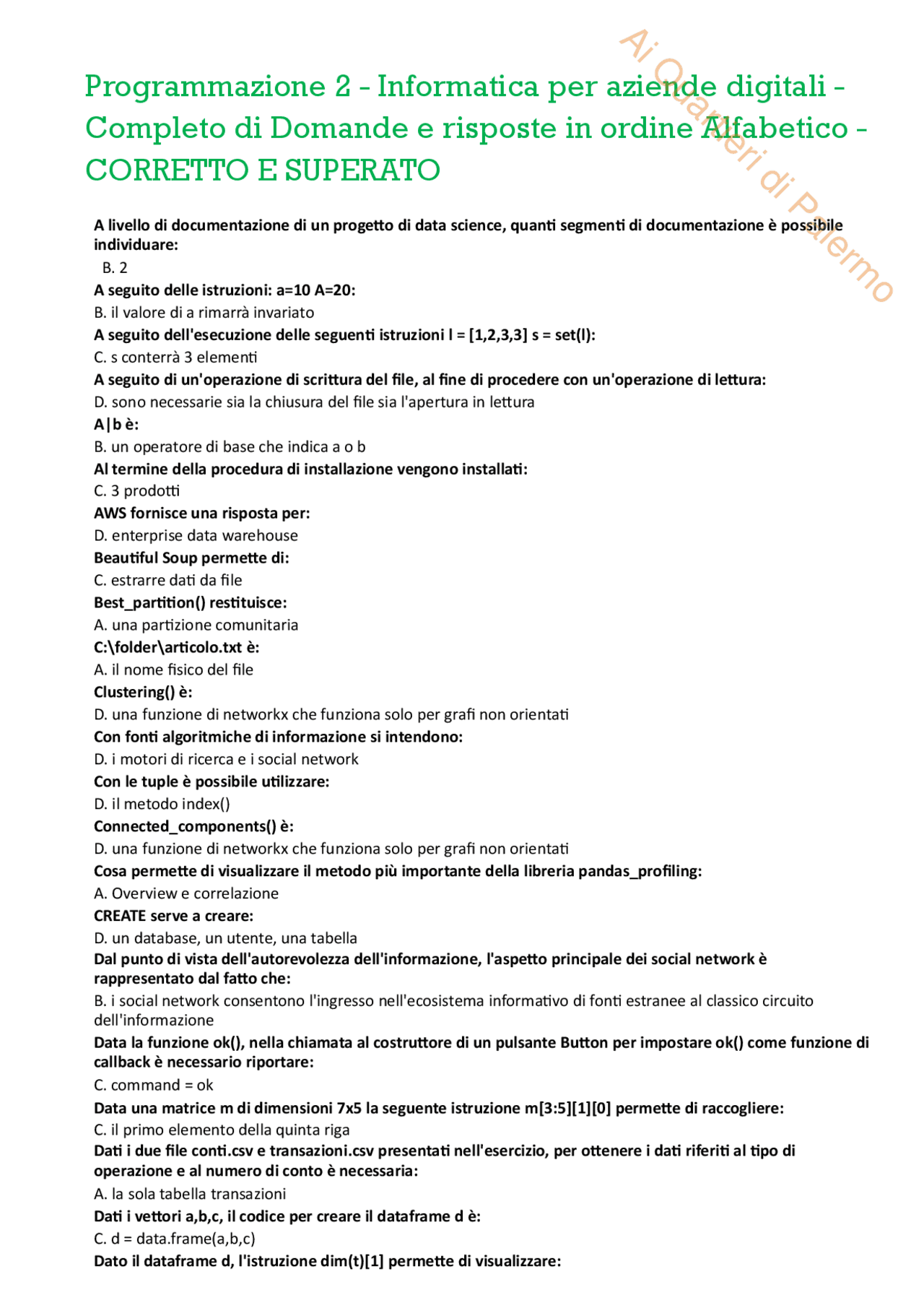 Programmazione 2 - Informatica per aziende digitali - Completo di Domande in ordine Alfabe ...