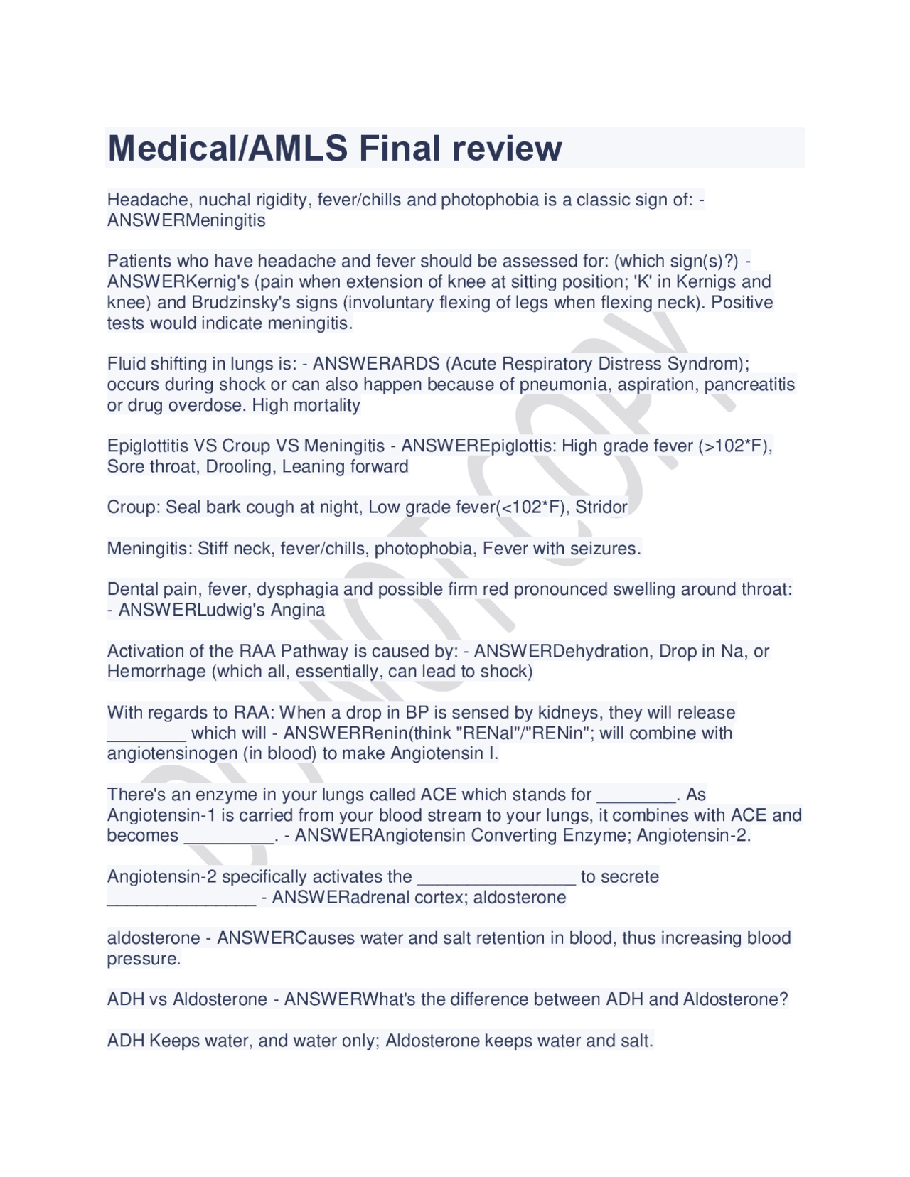 Medical/AMLS Final review | Exams Nursing | Docsity