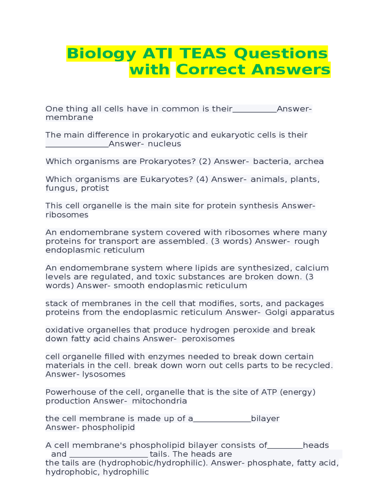 Biology ATI TEAS Questions with Correct Answers Updated 2023-2024 ...