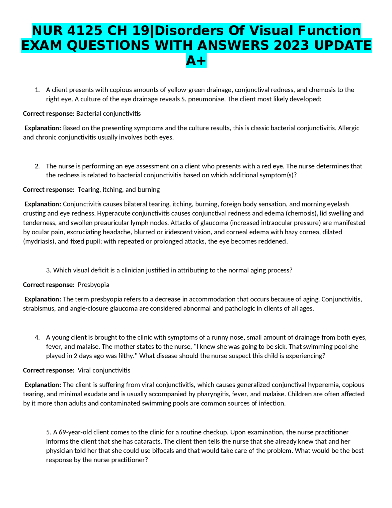 NUR 4125 CH 19 Disorders Of Visual Function EXAM QUESTIONS WITH ANSWERS