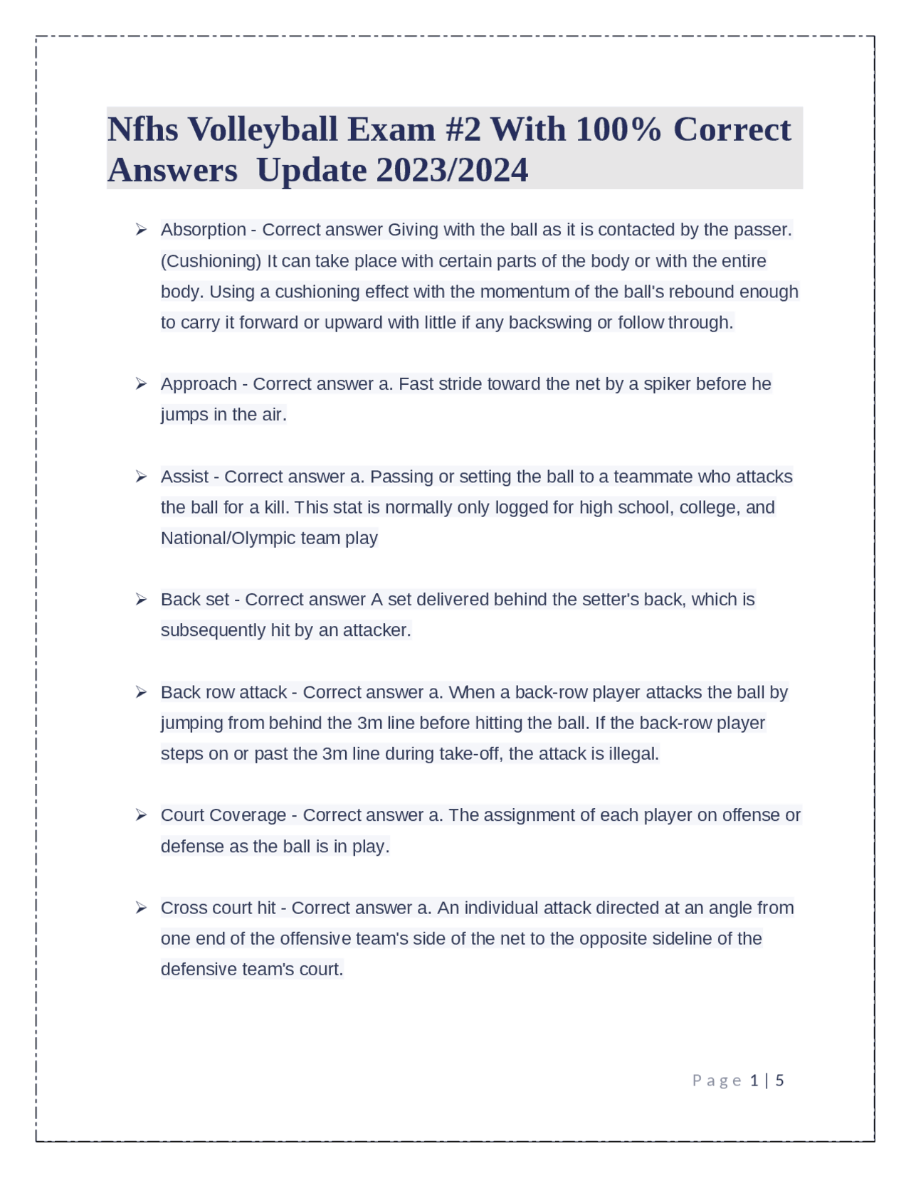 Nfhs Volleyball Exam #2 With 100% Correct Answers Update 2023/2024 ...