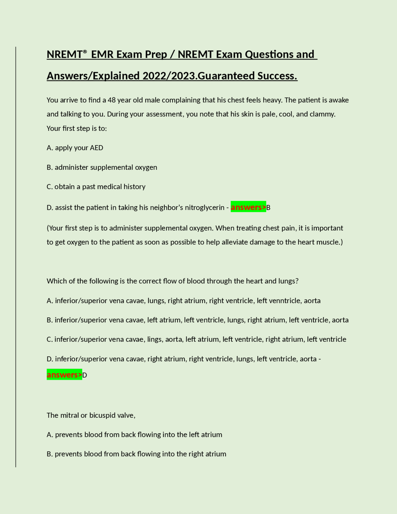 NREMT® EMR Exam Prep / NREMT Exam Questions and Answers/Explained 2022/2023.Guaranteed Suc ...
