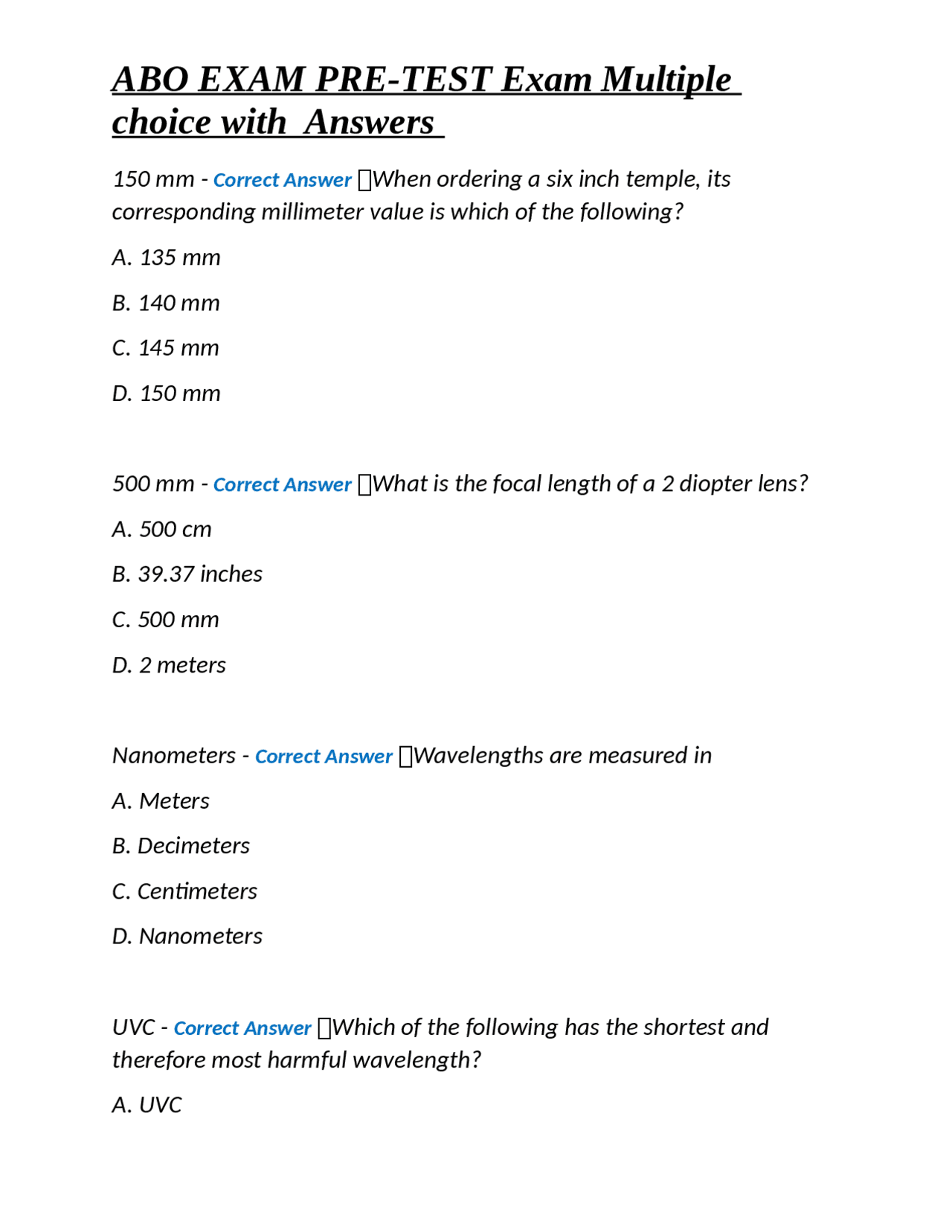 ABO EXAM PRE-TEST Exam Multiple choice with Answers | Exams Nursing ...