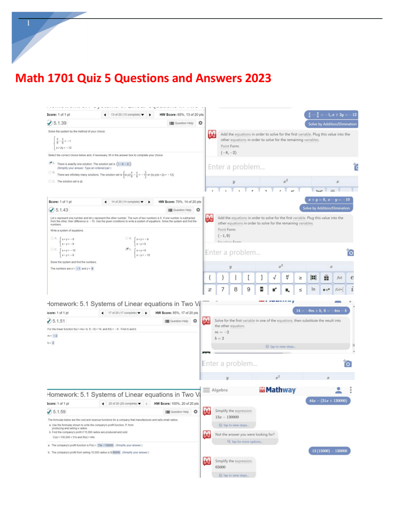 Math 1701 Quiz 5 Questions And Answers 2023 Exams Mathematics Docsity