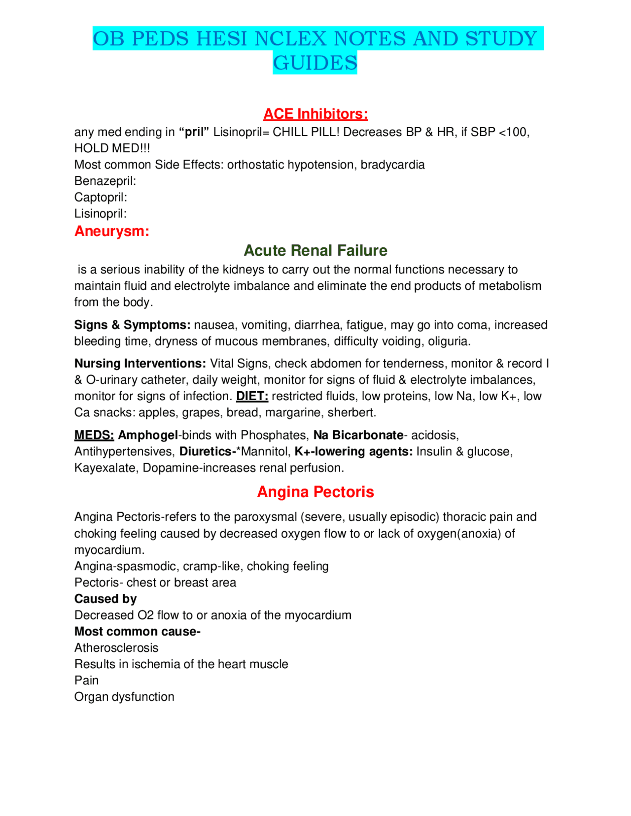 OB PEDS HESI NCLEX NOTES AND STUDY GUIDES | Exams Nursing | Docsity