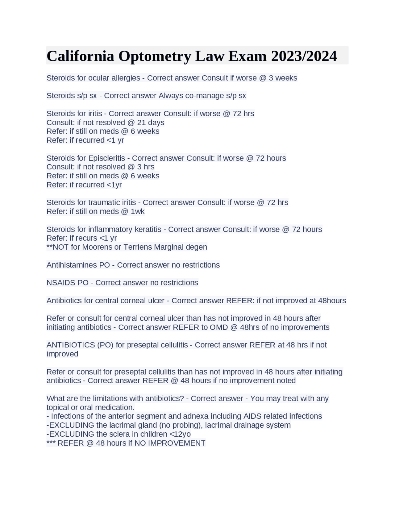 California Optometry Law Exam 2023/2024 | Exams Law | Docsity