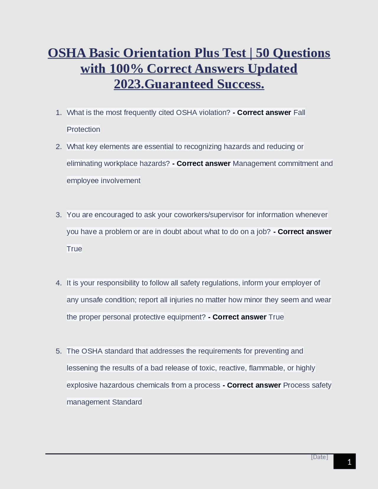 OSHA Basic Orientation Plus Test | 50 Questions with 100% Correct ...